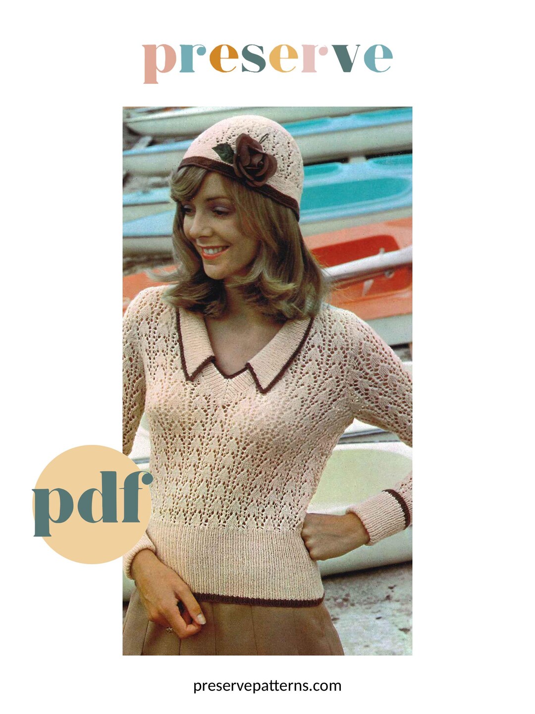 PDF Vintage Knitting Pattern for Two-color Sweater & Matching Hat, Lace ...
