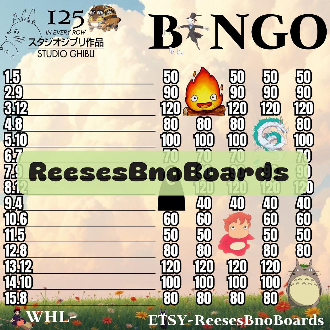 125 WTA Studio Ghibli Bingo Board - Etsy