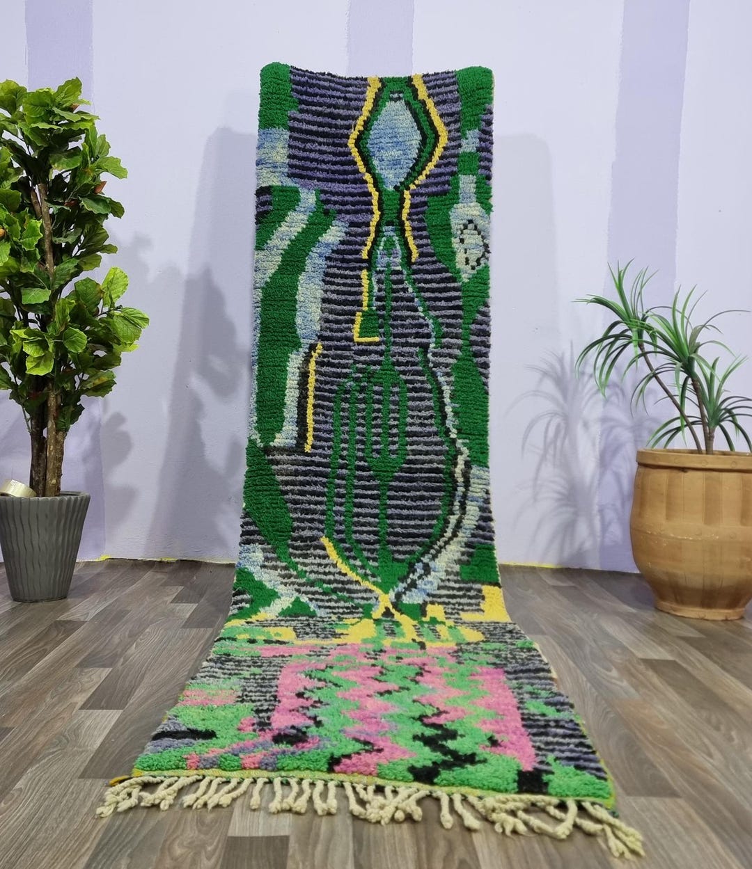 Handmade Green Wool Berber Runner Rug, Geometric Hallway Carpet (9.8x2 ...