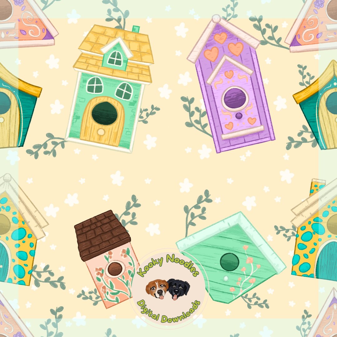 Hand Drawn Bird House Easter Seamless Pattern File, Spring Pastel ...