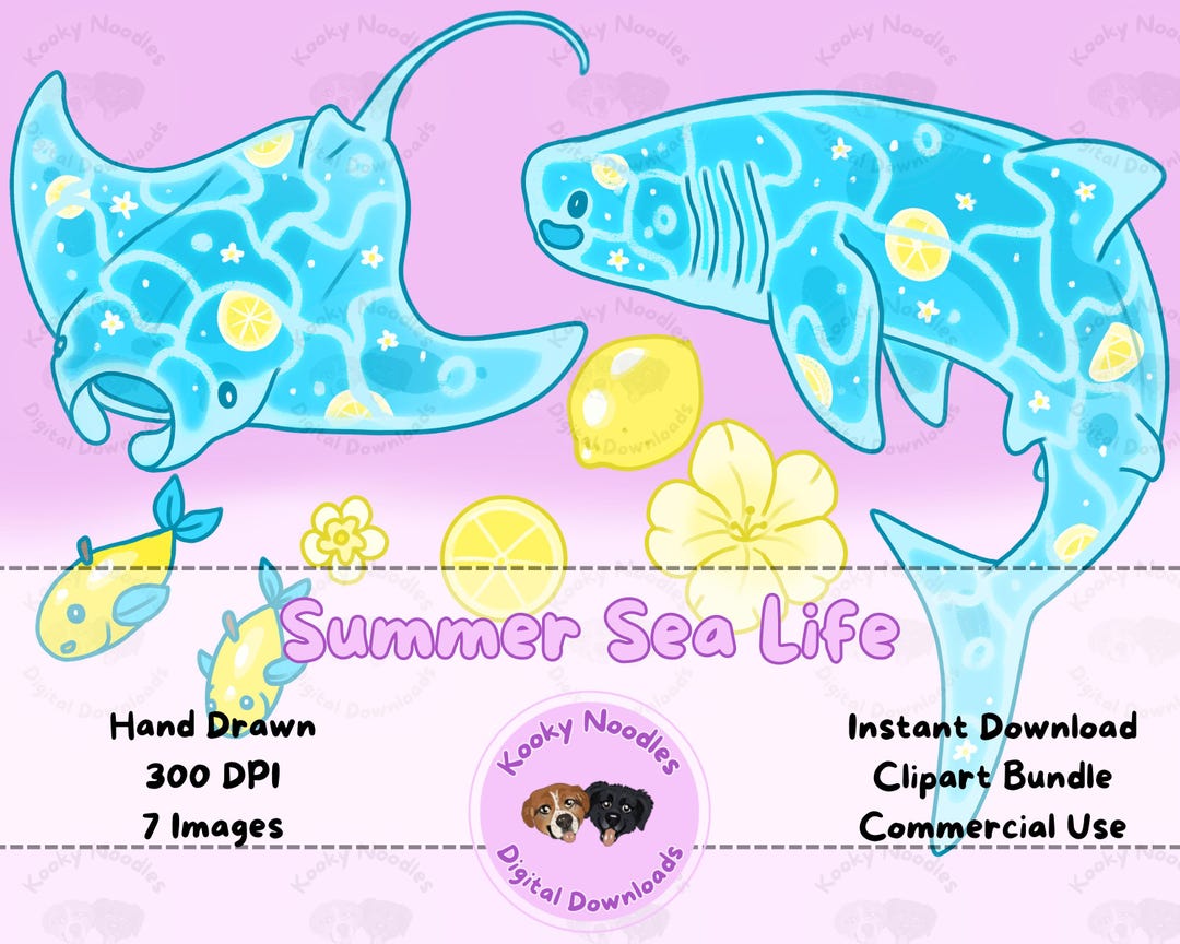 Hand Drawn Kawaii Lemon Sea Life Clip Art: Manta Ray and Whale Shark ...