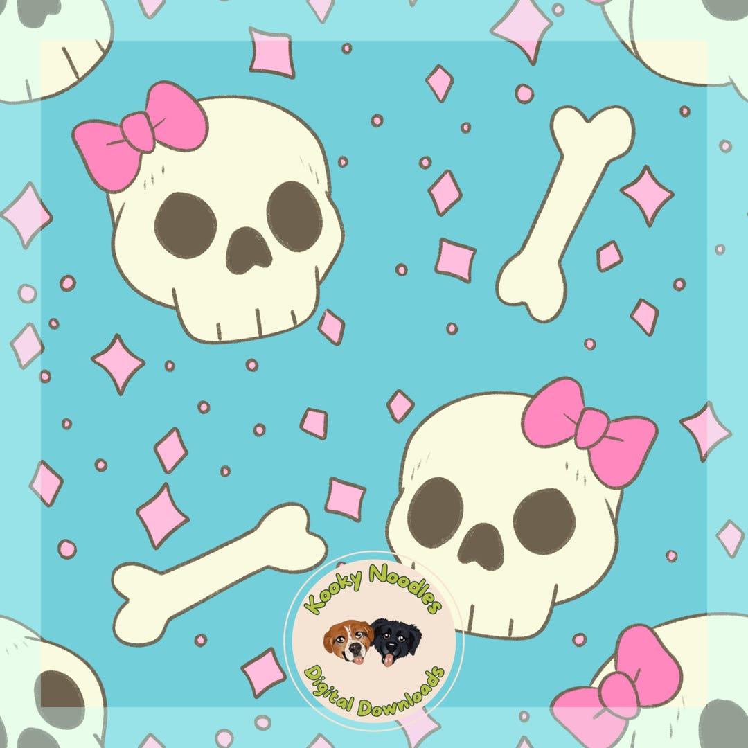 Hand Drawn Pastel Skull Seamless Pattern File, Cute Bow Skull Repeating ...