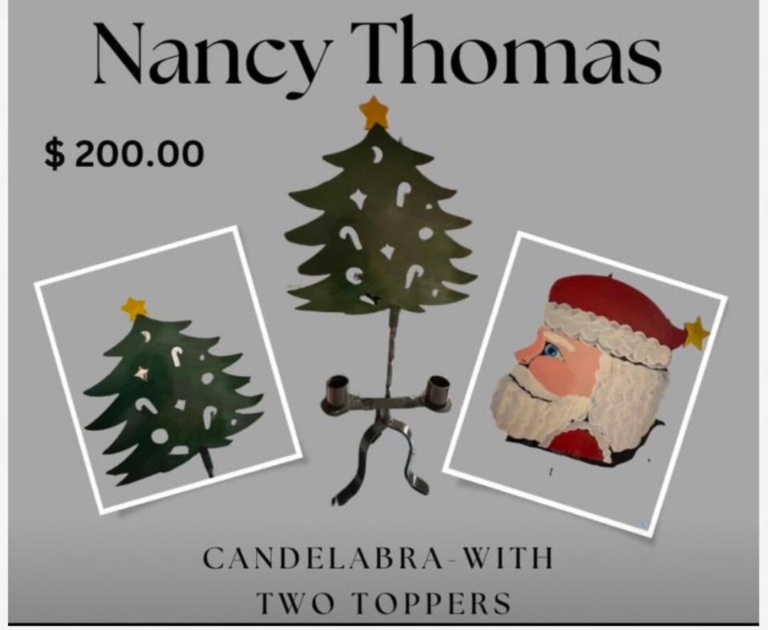 Nancy Thomas Folk Art Metal Candelabra With TWO Toppers. 1 Santa and 1 ...