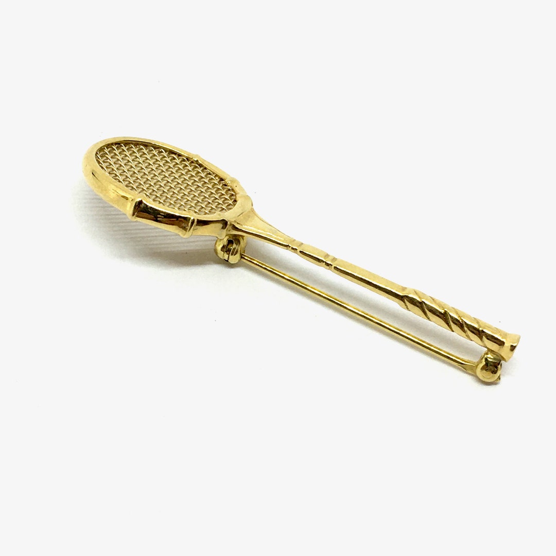 Tennis Racquet Pin, 18 Karat Brooch, Solid Yellow Gold Marked AGA, 2 ...