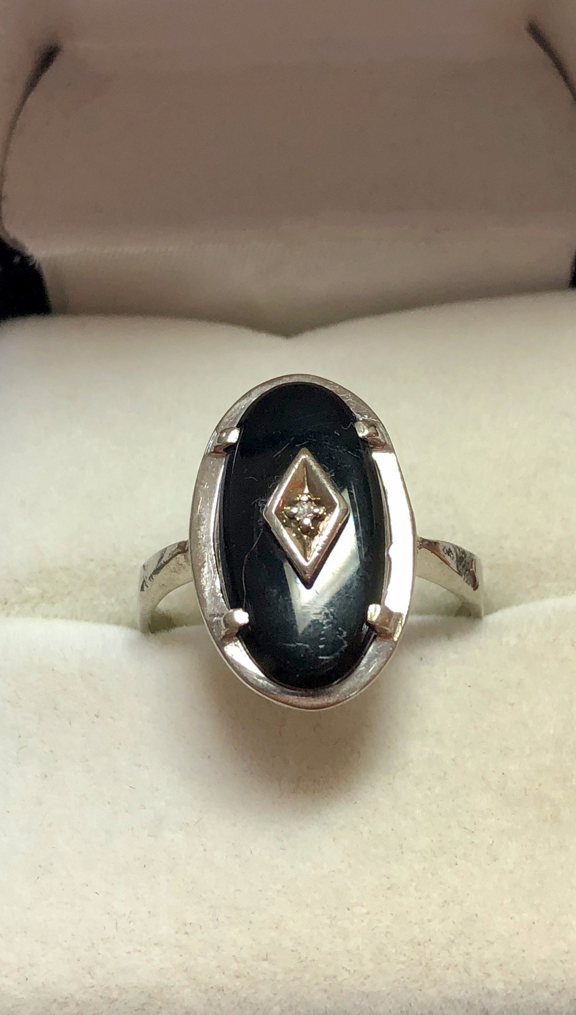 Black Onyx and Diamond Ring, Antique, Halo Style, 14kt White Gold, Oval ...