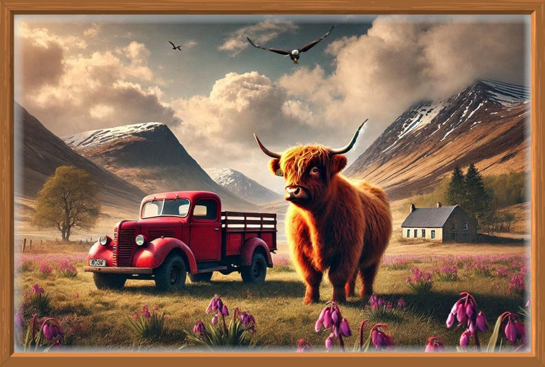 Highland Cow With Red Truck - Etsy