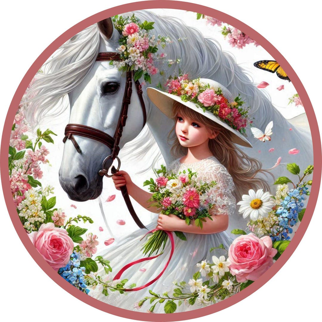 White Horse & Young Lady Metal Sign, Wreath Sign Design, Elegant ...