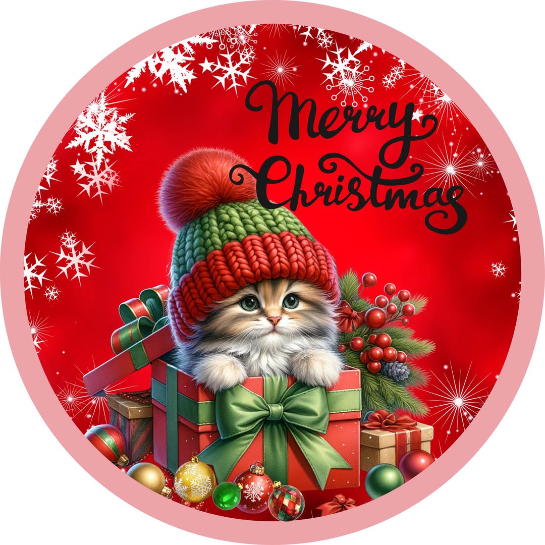 Merry Christmas Kitten Metal Wreath Sign Holiday Gift Box Cat Wall ...
