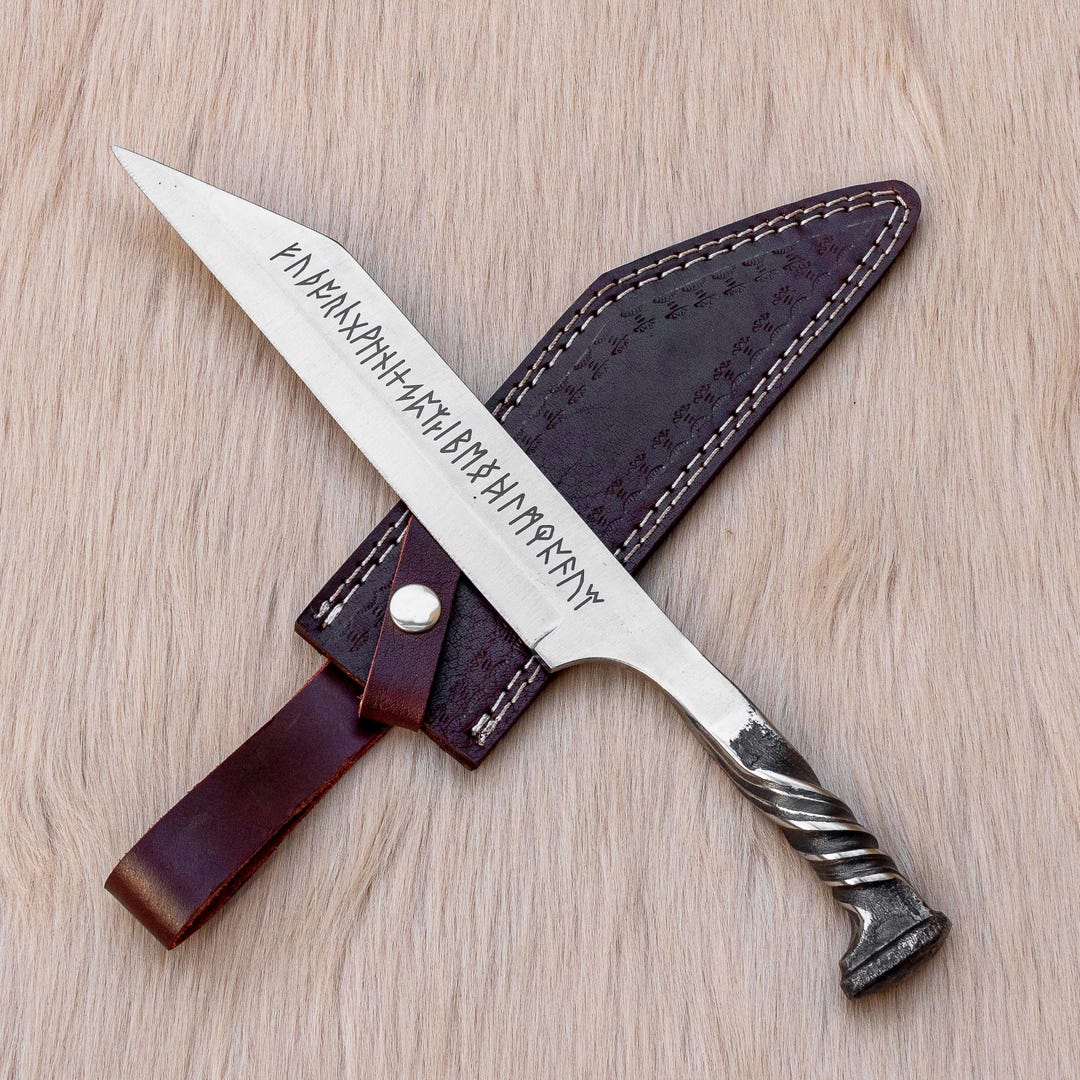Viking Seax Knife Runic Engraved With Leather Sheath Forged From Rail ...