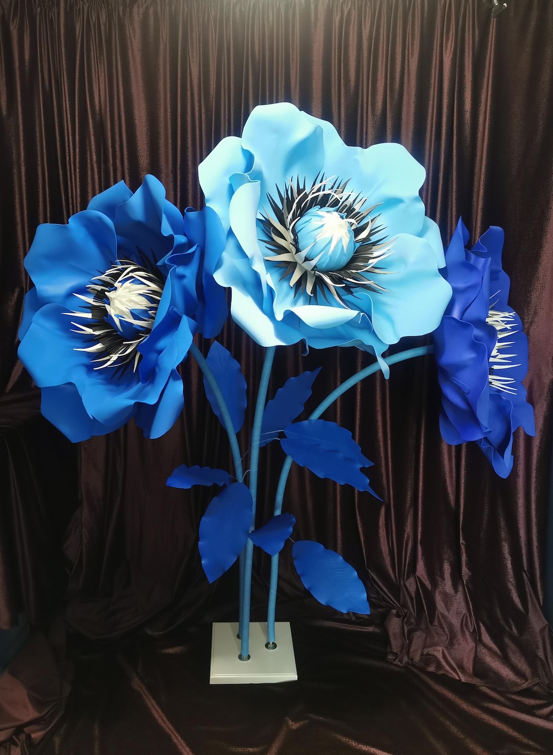 Set of 3 Large Flowers. Big Blue Anemones. Giant Blue Flowers. Alice in ...