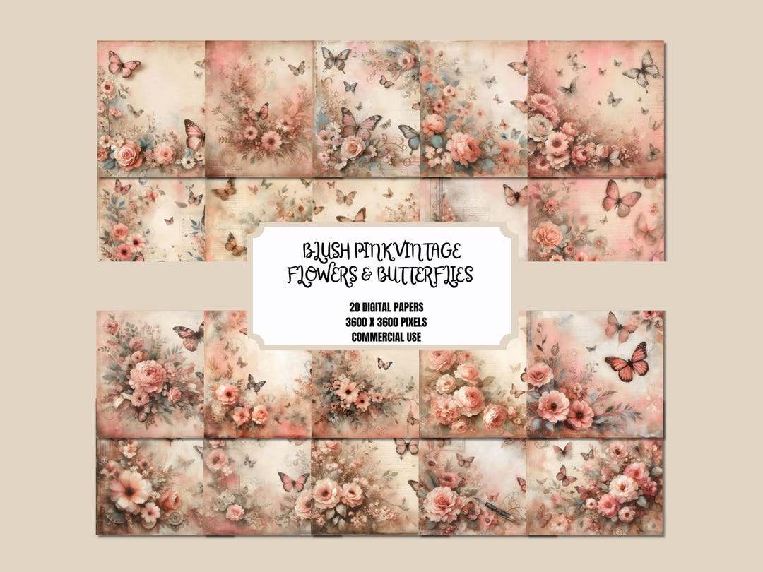 Blush Pink Vintage Digital Paper Flowers & Butterflies, Scrapbooking ...
