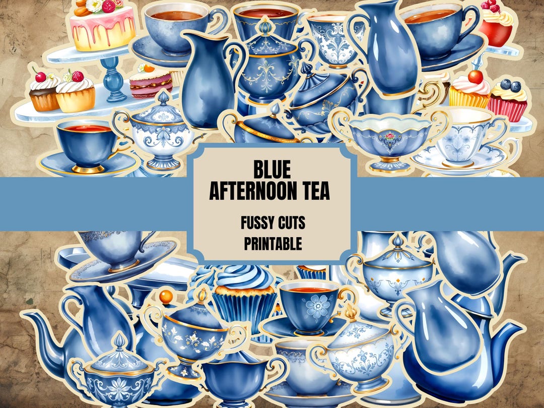 Blue Afternoon Tea Fussy Cuts, Tea Party Ephemera, Teapots, Tea Cups ...