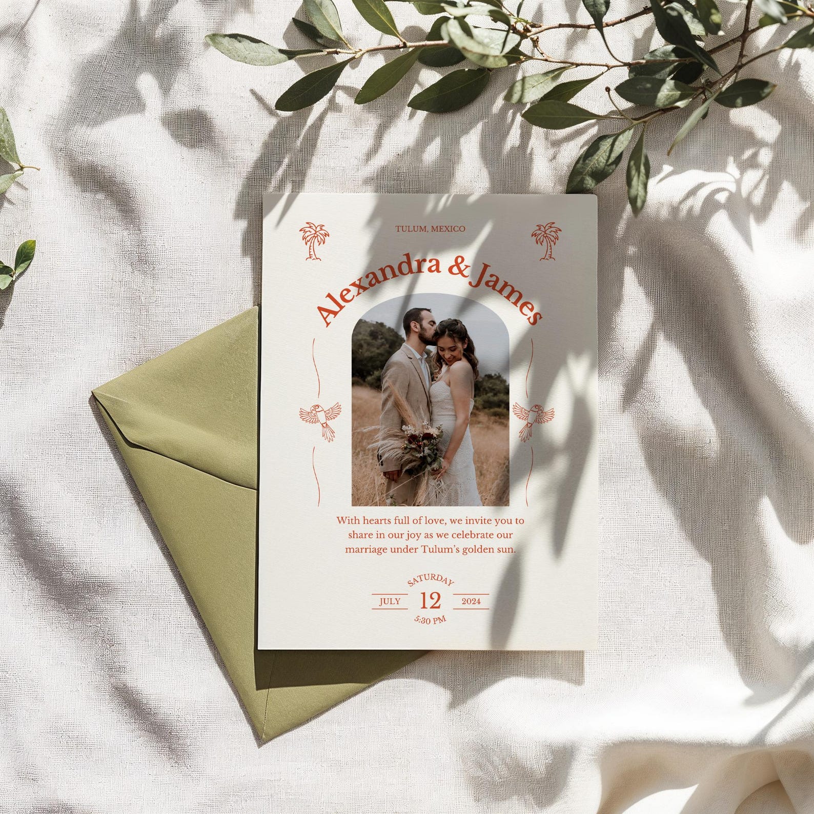Tulum-inspired Wedding Invitation Template - Canva Wedding Invitation ...