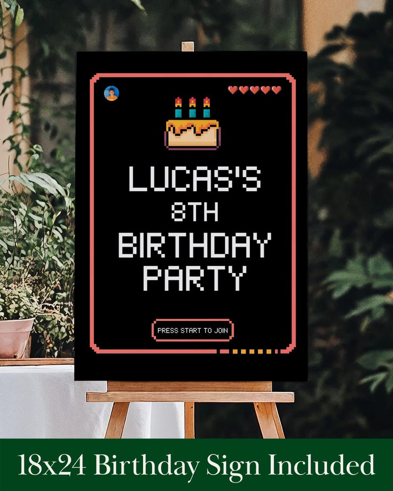 8-bit Video Game Birthday Party Invitation & Sign Bundle Digital ...