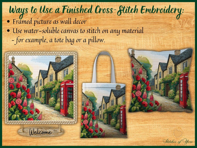 British Countryside Cross Stitch Pattern, Red Phone Box Village Scene ...