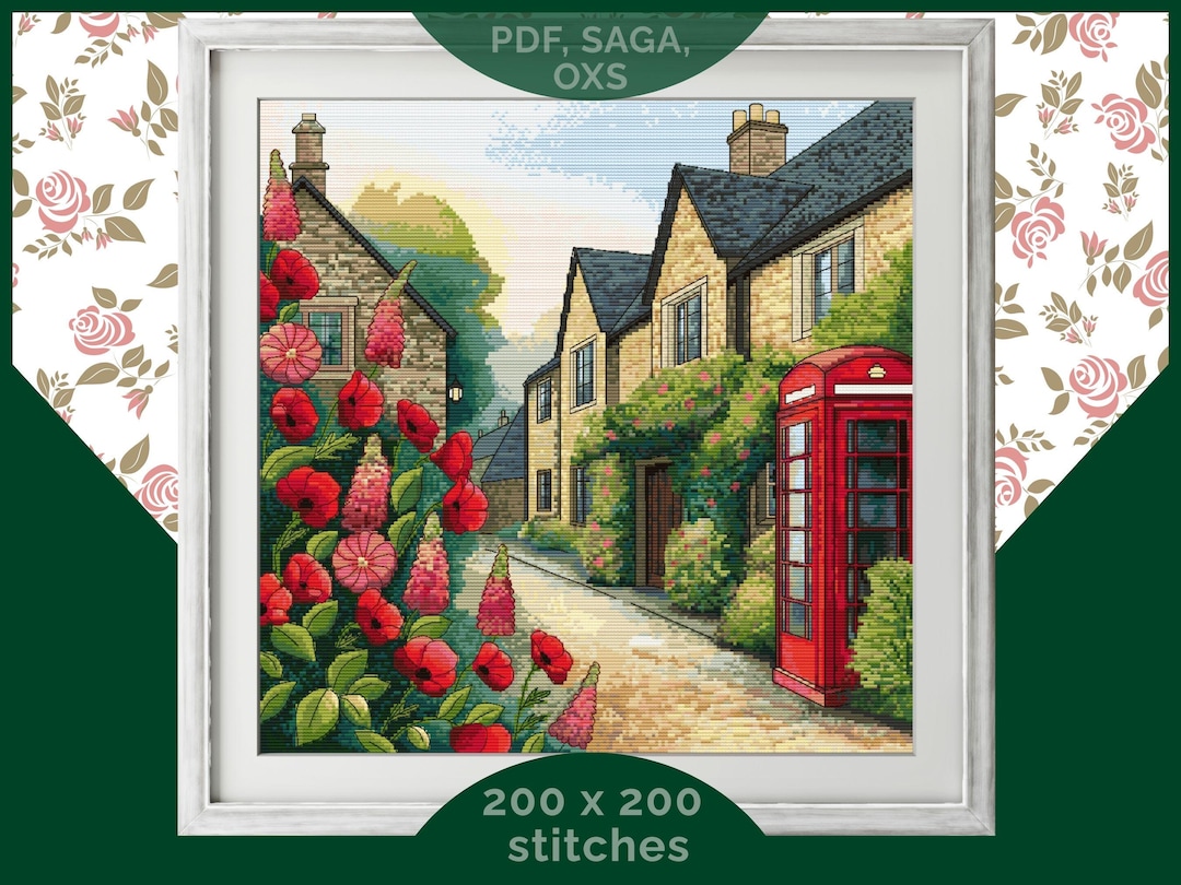 British Countryside Cross Stitch Pattern, Red Phone Box Village Scene ...