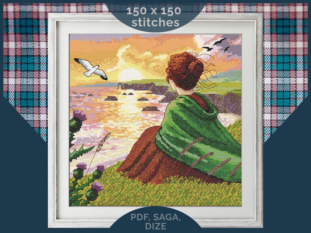Sunset Coast Cross Stitch Pattern, Scottish Lady Watching Ocean ...