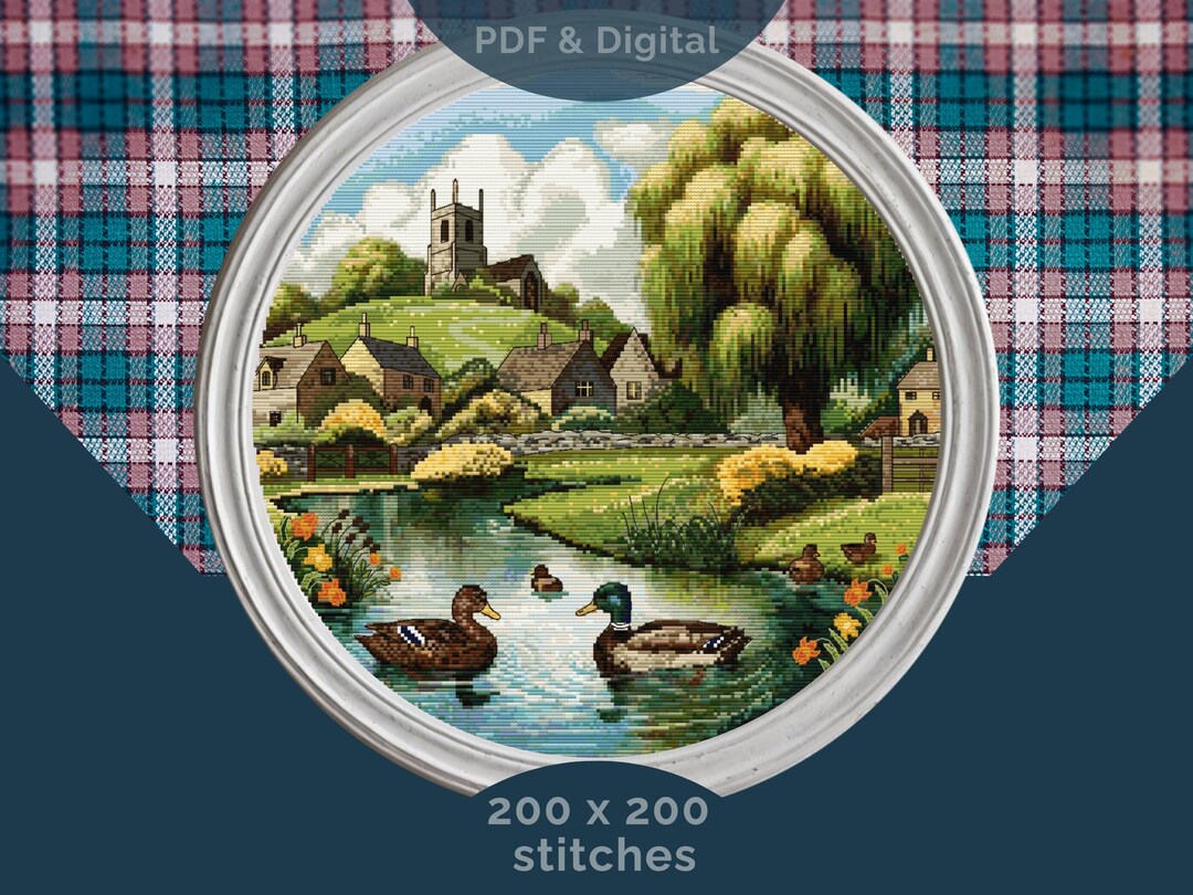 Cotswolds Pond Circle Cross Stitch Pattern: English Countryside Ducks ...