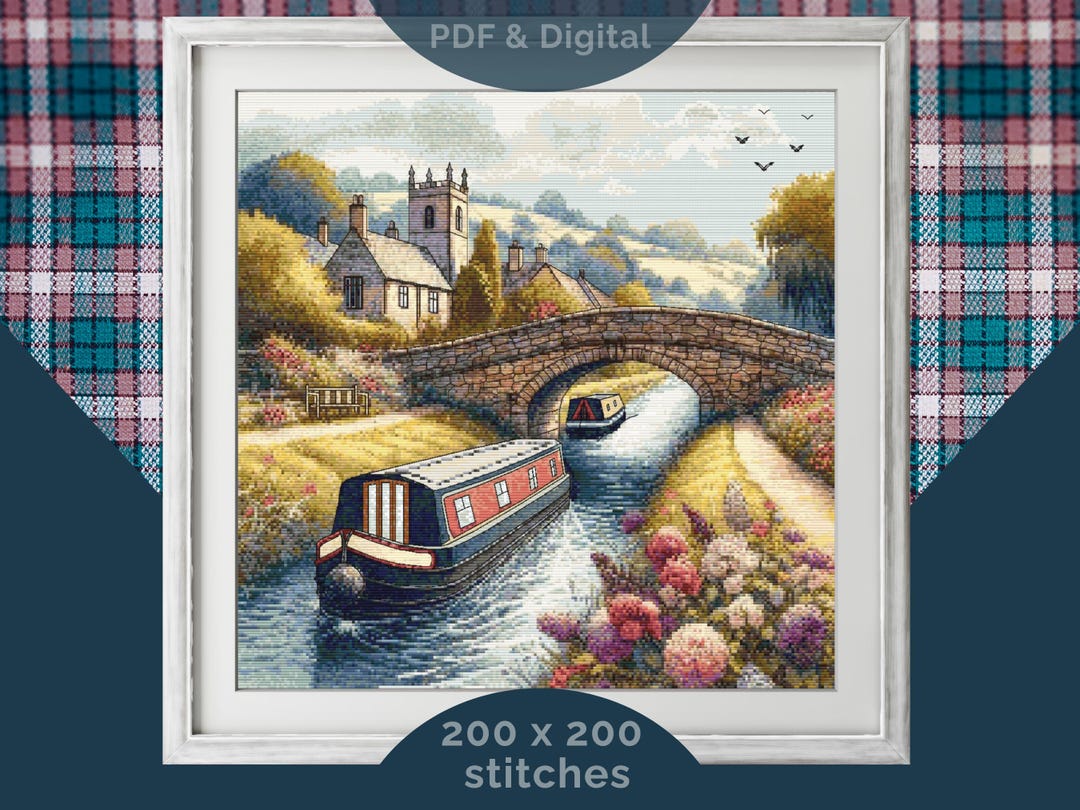 Canal Boat Cross Stitch Pattern: English Countryside Embroidery (PDF ...