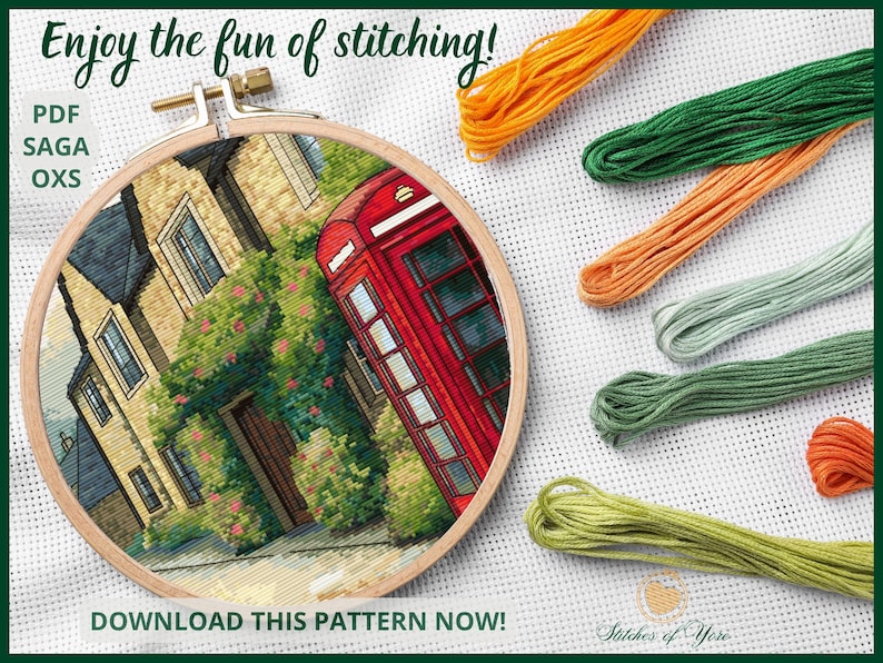 British Countryside Cross Stitch Pattern, Red Phone Box Village Scene ...