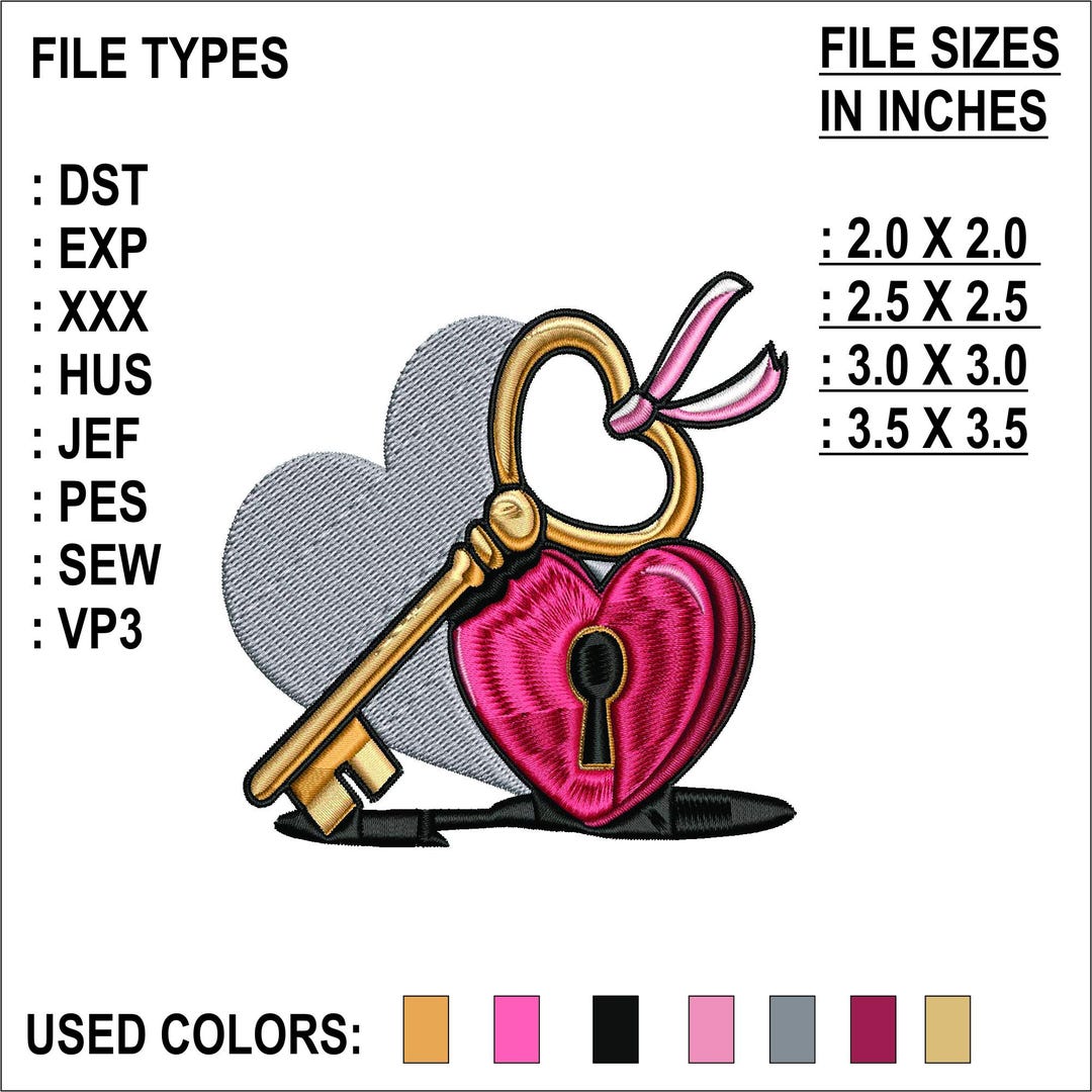 Heart and Key Embroidery Design 4 SIZES 8 VERSIONS Love Embroidery ...