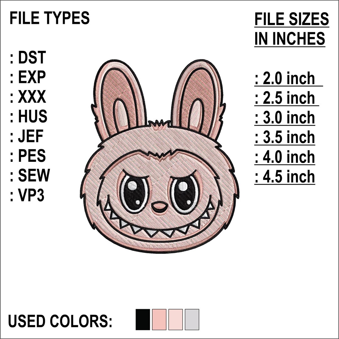 Labubu Monster Embroidery Design: Cartoon Character Pattern (6 Sizes, 8 ...