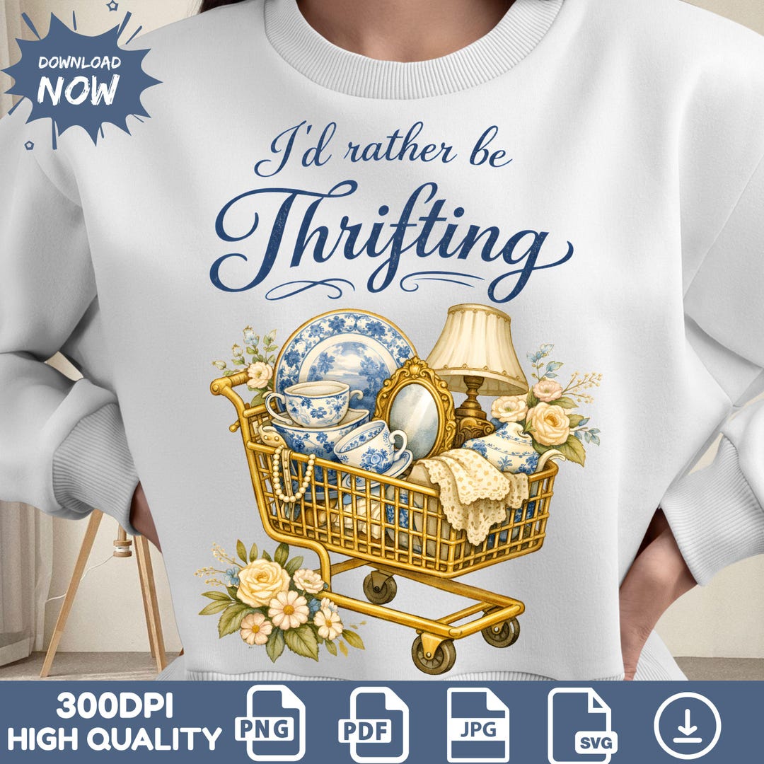I'd Rather Be Thrifting Png ,thrift Aesthetic Shirt Design, Blue and ...