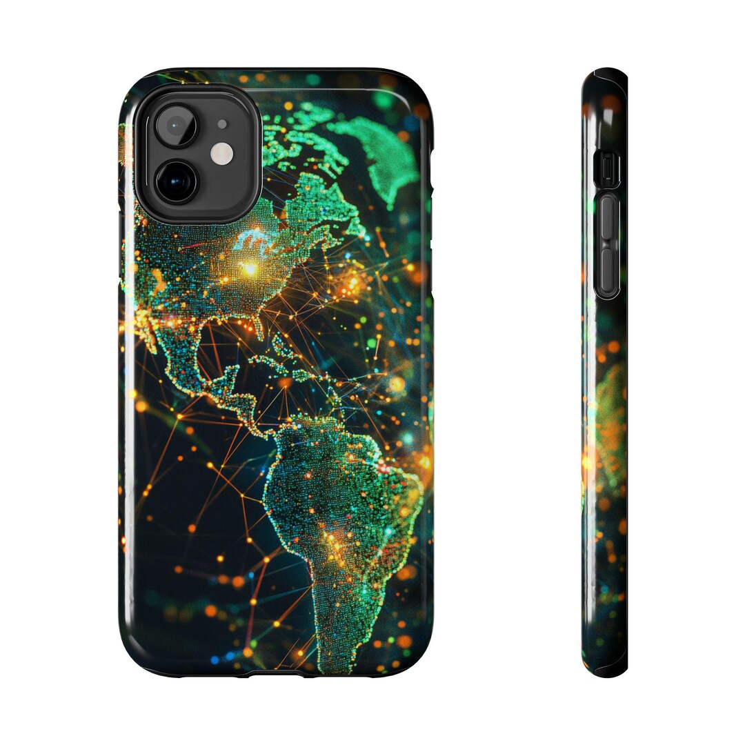 World Map Glowing Data Connected by Digital Line iPhone Case 16 15 14 ...