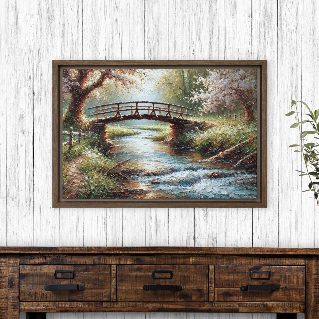 Rustic Bridge Over Stream Painting Framed Canvas Wall Art | Vintage ...