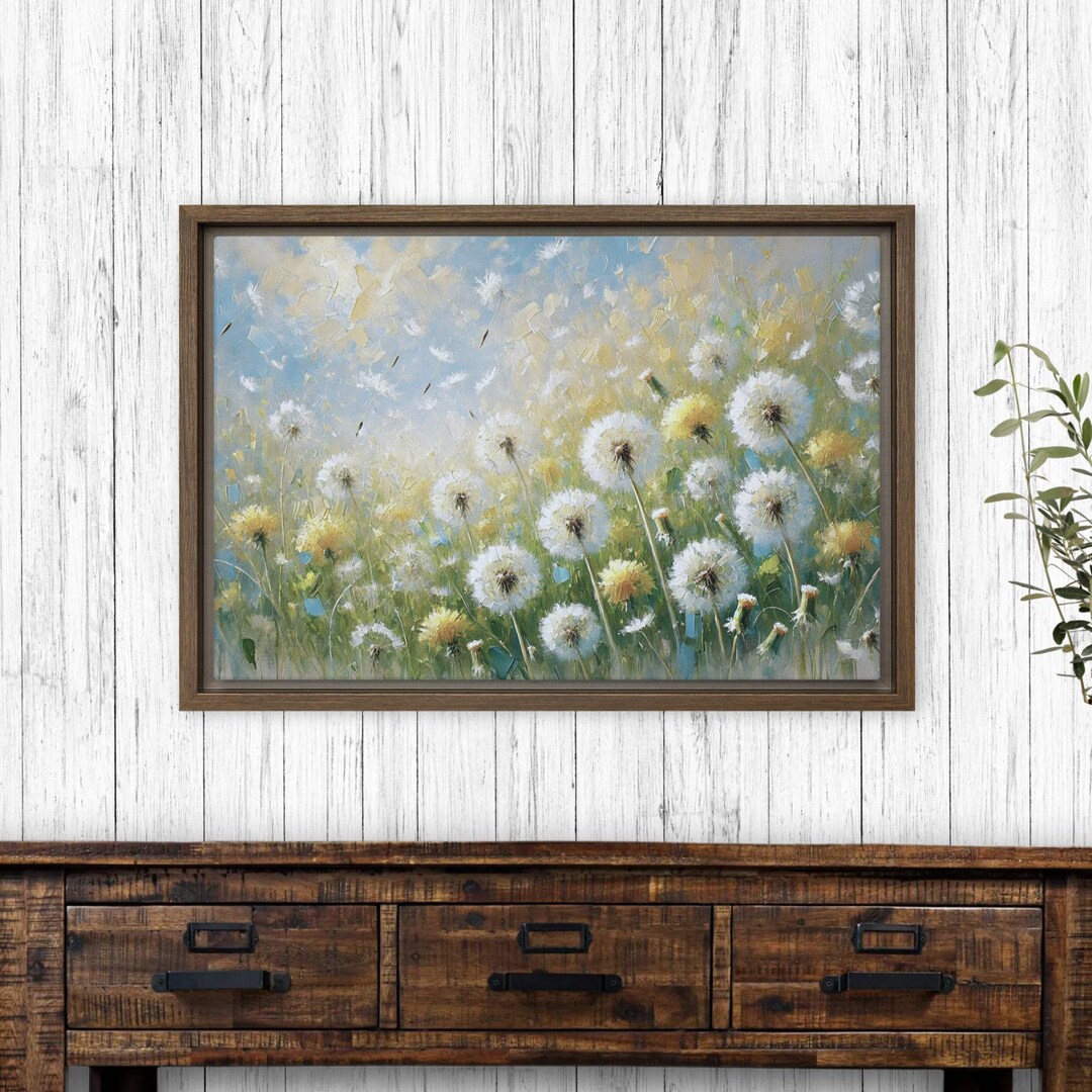 Dandelion Field Painting Framed Canvas Wall Art | Airy Impressionist ...