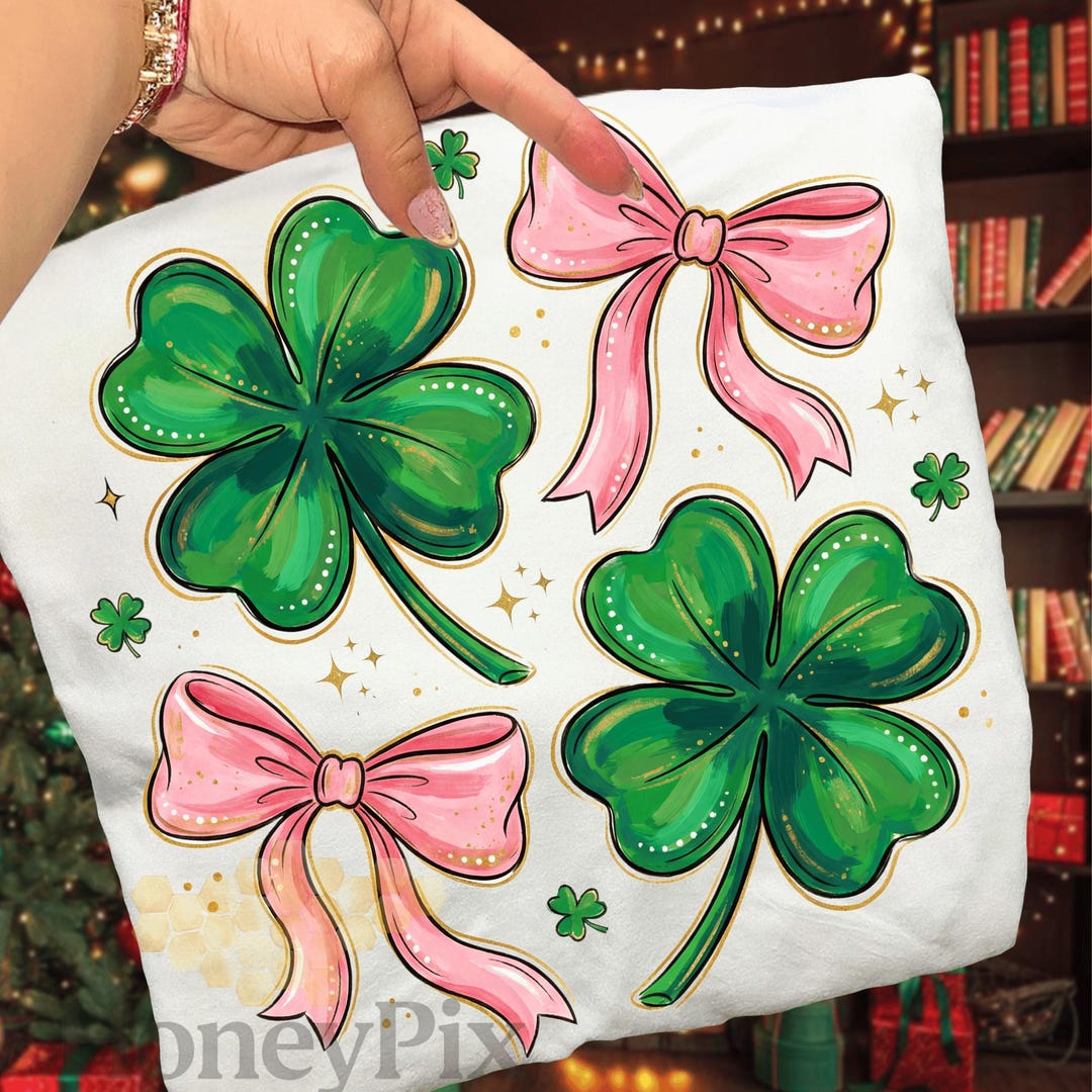 St Patrick’s Day Clover and Bow PNG | Brushstroke Style Green Shamrock ...
