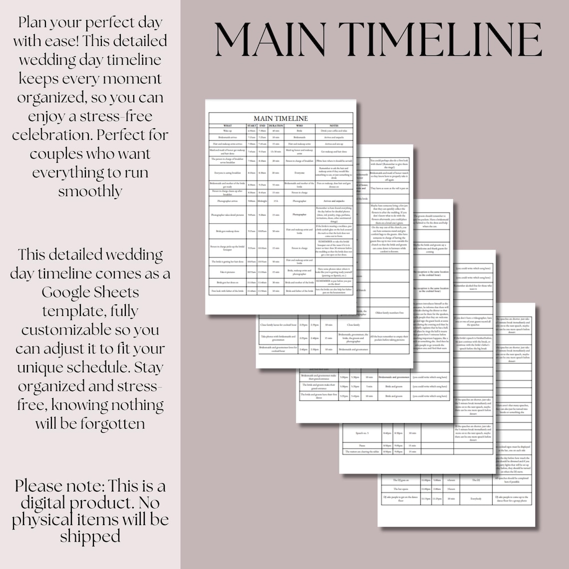 Detailed Wedding Day Timeline Template | Main, Photographer, Venue ...