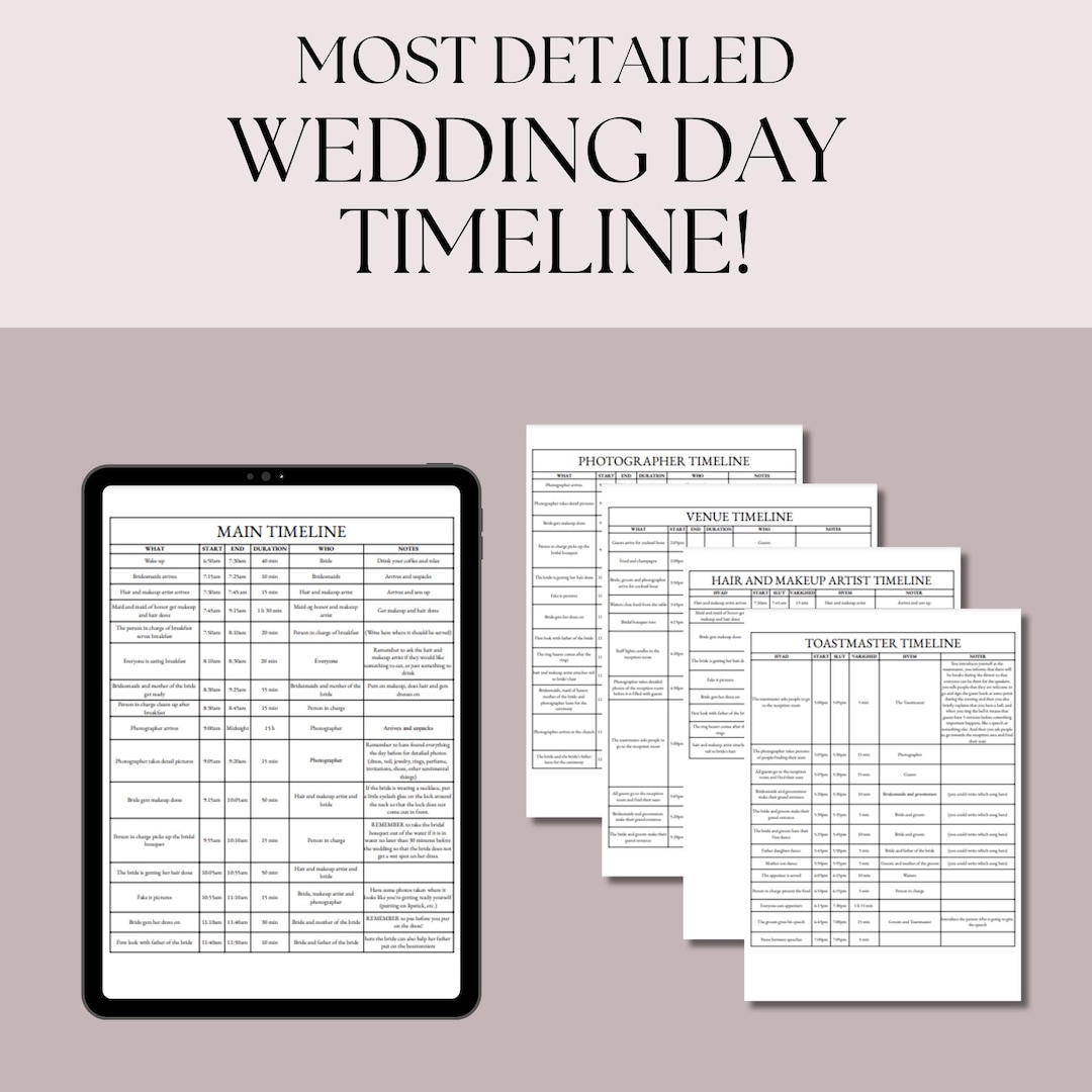 Detailed Wedding Day Timeline Template | Main, Photographer, Venue, Hair & Makeup, Toastmaster ...