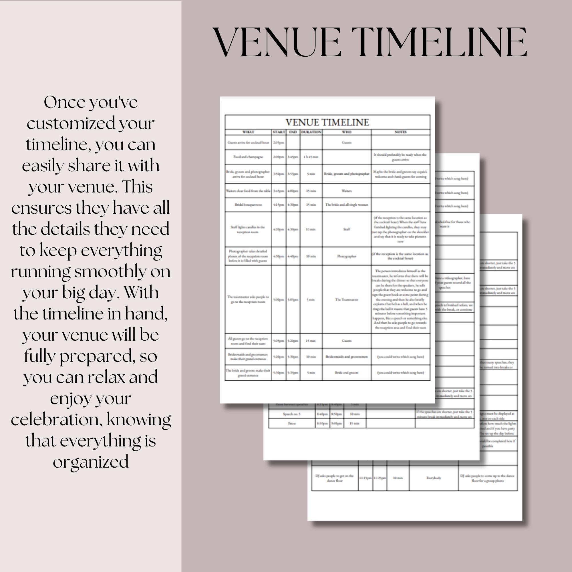Detailed Wedding Day Timeline Template | Main, Photographer, Venue ...