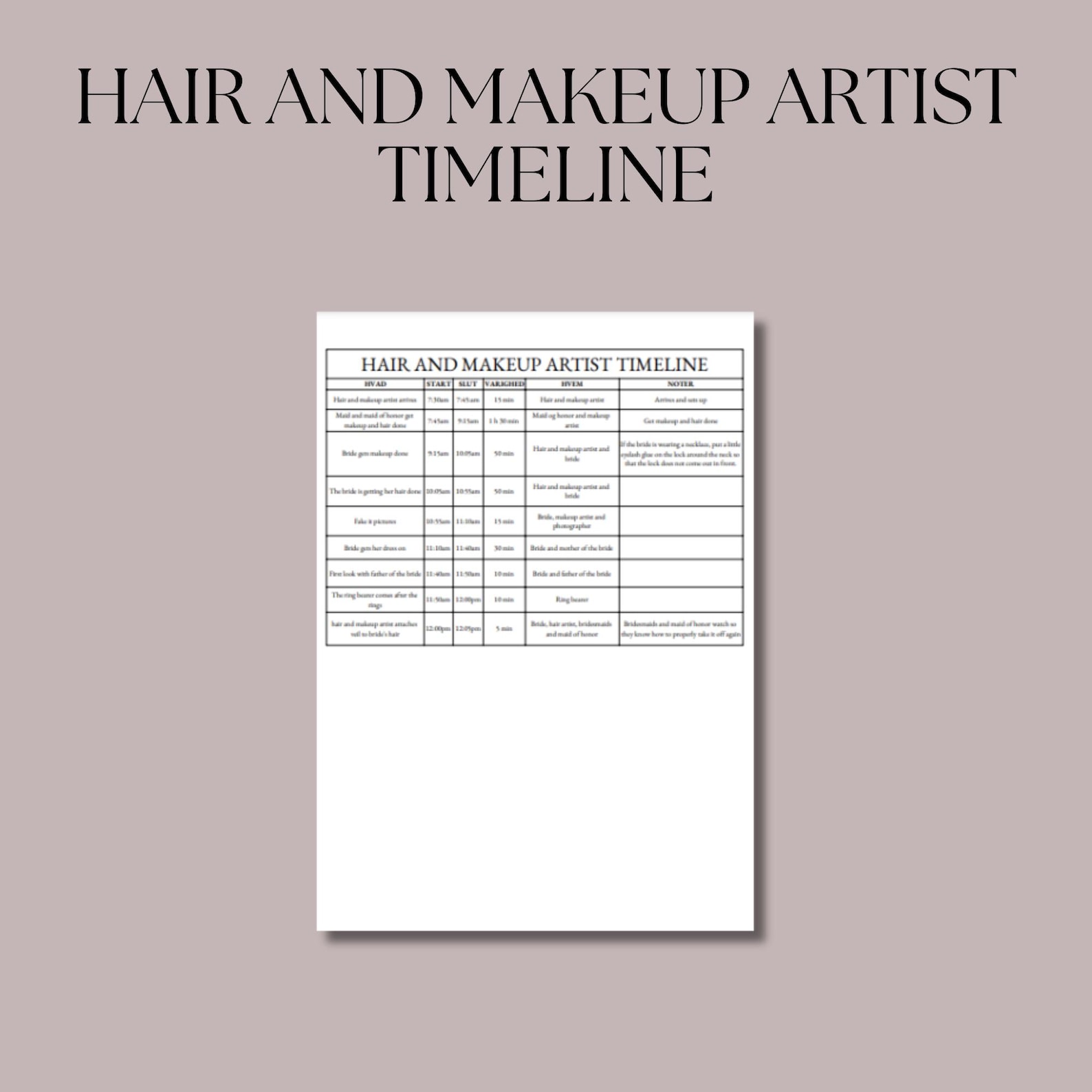 Detailed Wedding Day Timeline Template | Main, Photographer, Venue ...
