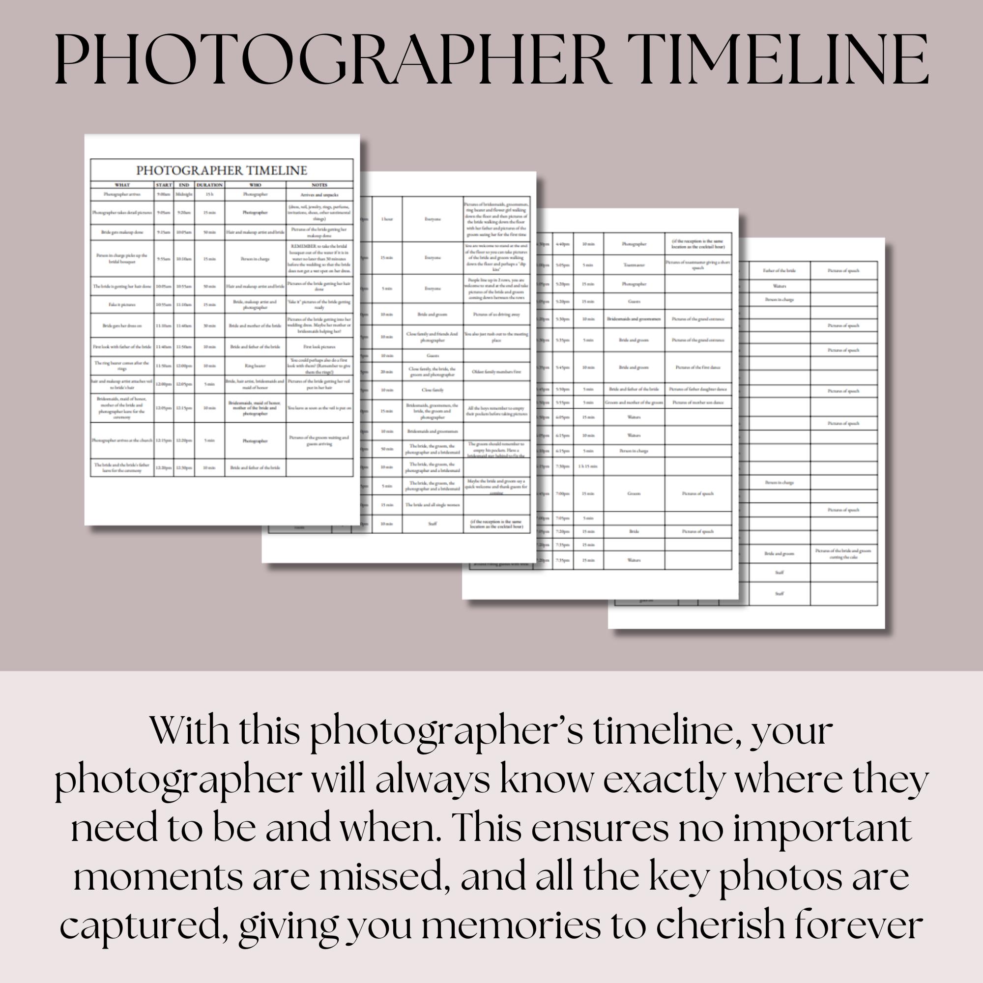 Detailed Wedding Day Timeline Template | Main, Photographer, Venue ...