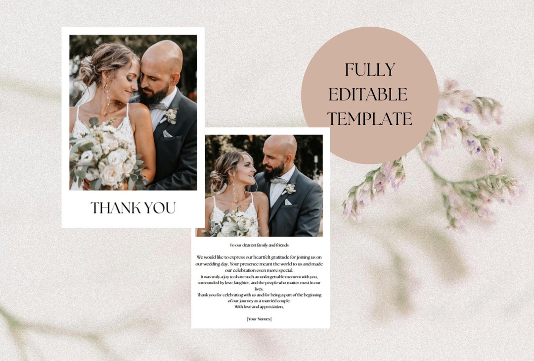 Editable Wedding Thank You Card Template Customizable Printable Thank ...