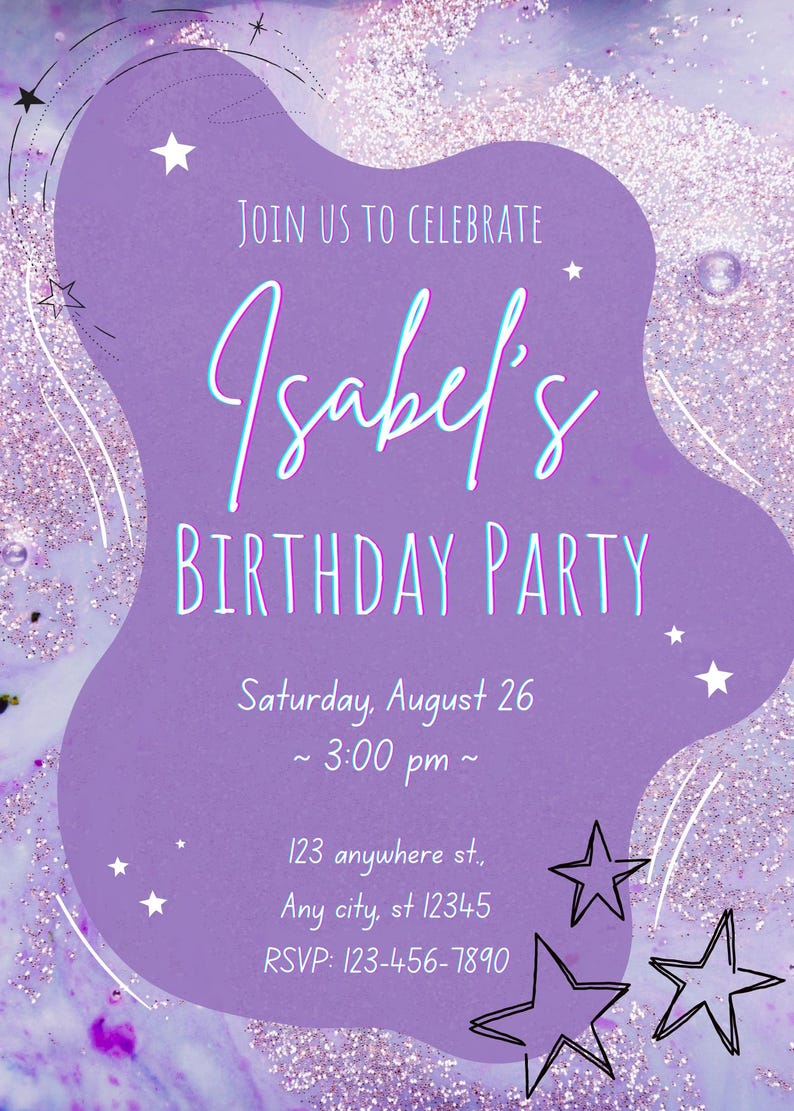 Purple Sparkle Birthday Party Invitation - Etsy