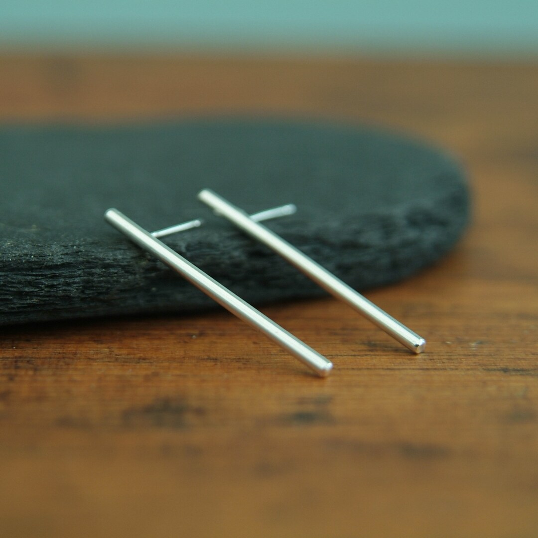 Simple Silver Line Stud Earrings Long Silver Studs Ladies - Etsy