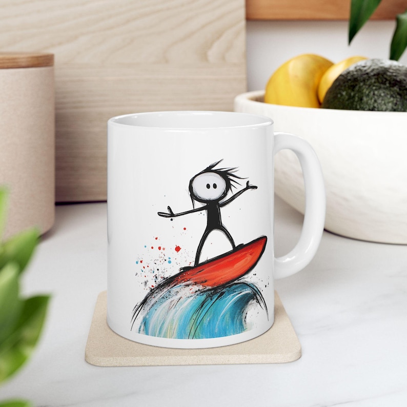 Surfer Boy Ceramic Mug, Stick Figure Wave Design, Beach Lover Gift ...