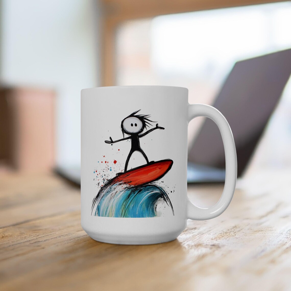 Surfer Boy Ceramic Mug, Stick Figure Wave Design, Beach Lover Gift ...