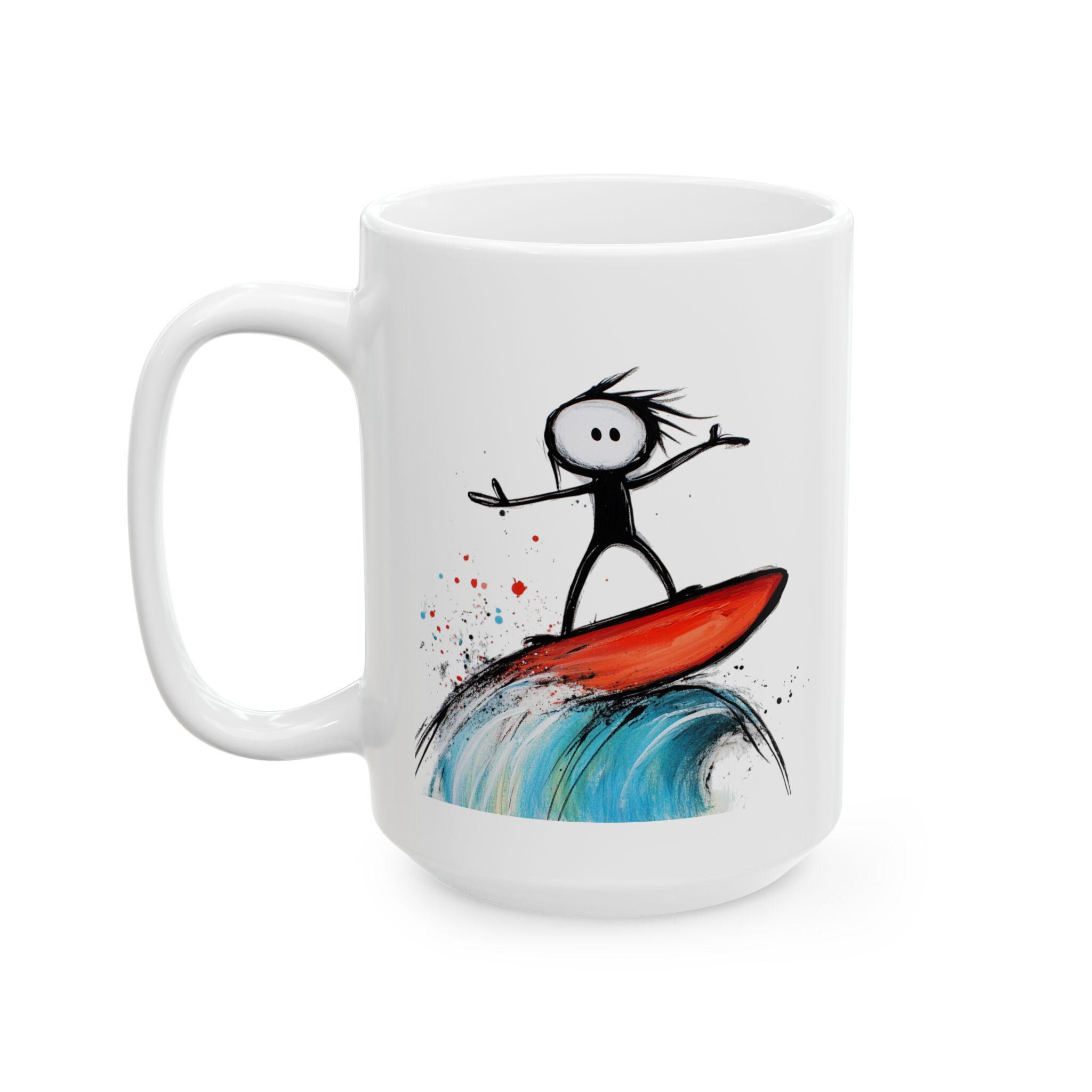 Surfer Boy Ceramic Mug, Stick Figure Wave Design, Beach Lover Gift ...