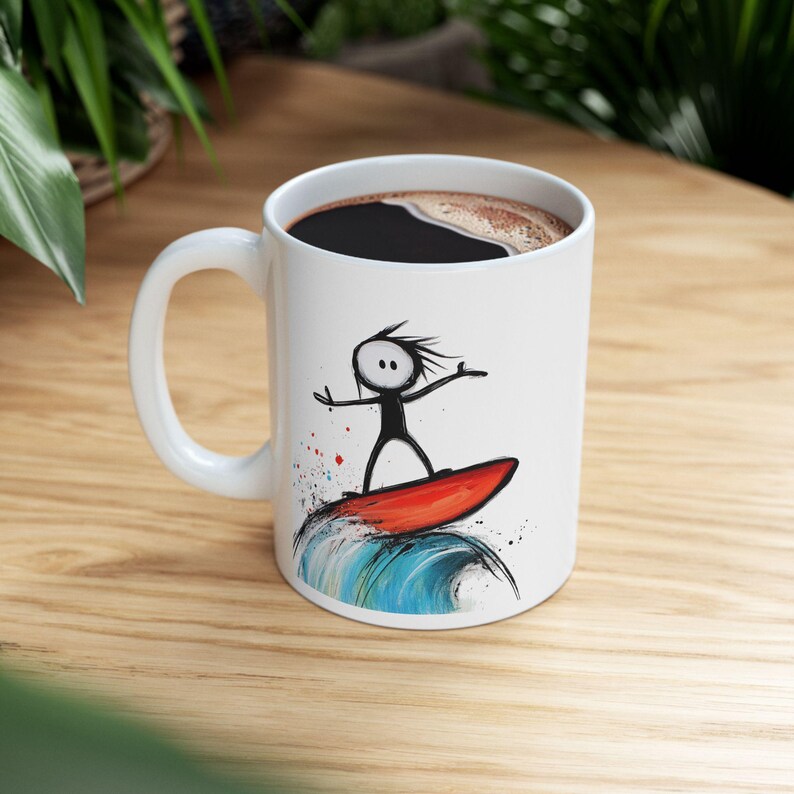 Surfer Boy Ceramic Mug, Stick Figure Wave Design, Beach Lover Gift ...