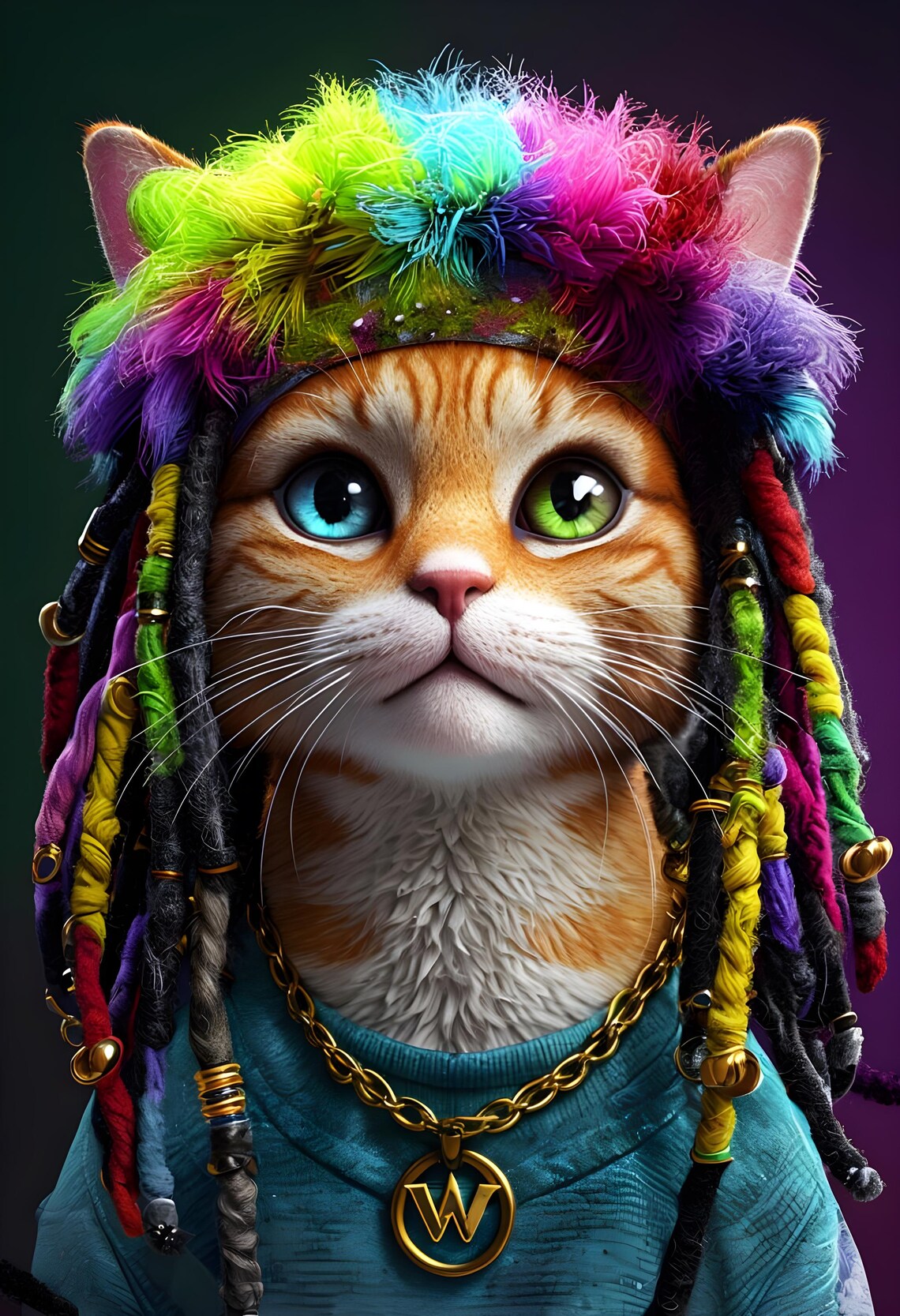Coloful Feline- Rainbow Rasta Cat, Wall Decor, Digital Art, Cat Lover ...