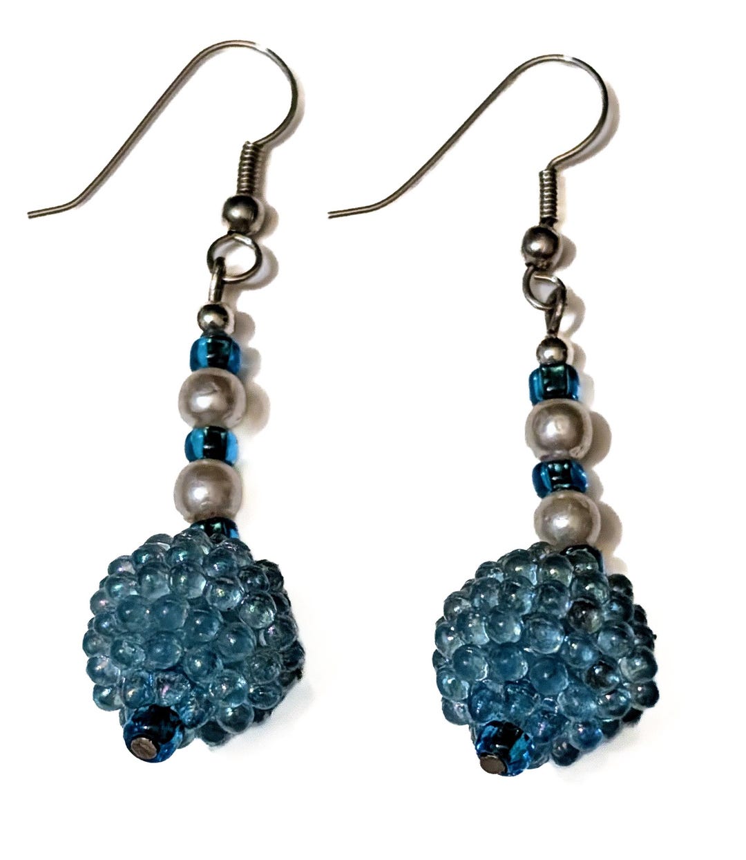 Vintage Textured Blue Plastic Sphere Beaded and Small White Faux Pearl ...