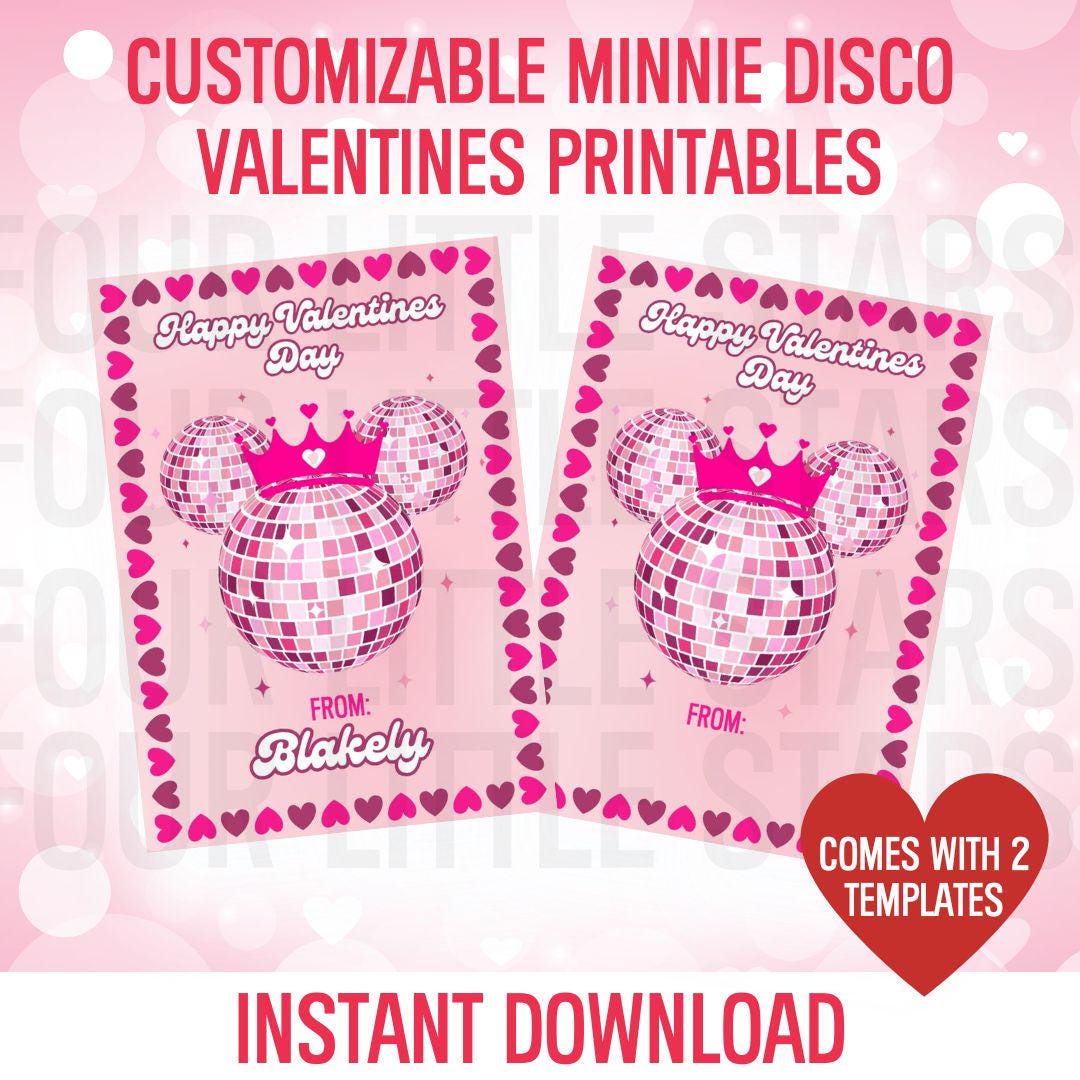 EDITABLE Printable Disco Minnie Valentine Cards, Valentines Day Cards ...