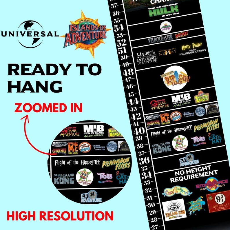 Theme Park Ride Height Chart, Epic Universe, IOA, Kids Growth Chart - Etsy