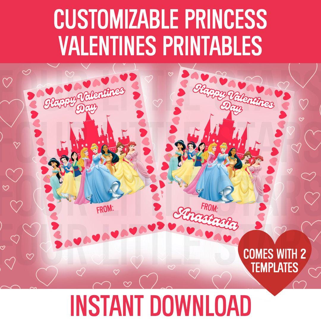 Princess Valentines Day Cards, Customizable Printable Kids Classroom ...