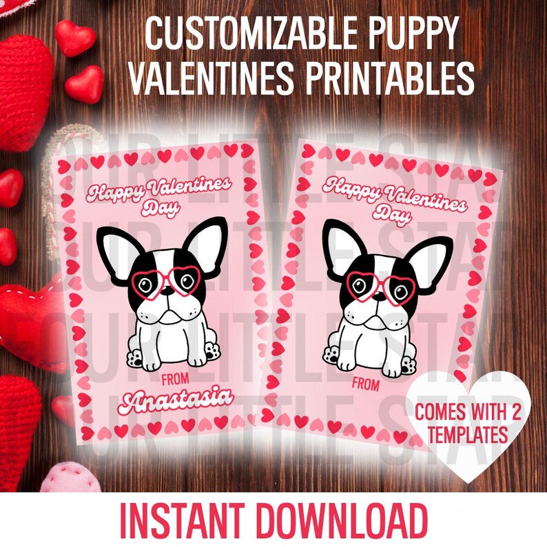 EDITABLE Printable Dog Valentine Cards, Classroom Valentines Day Cards ...