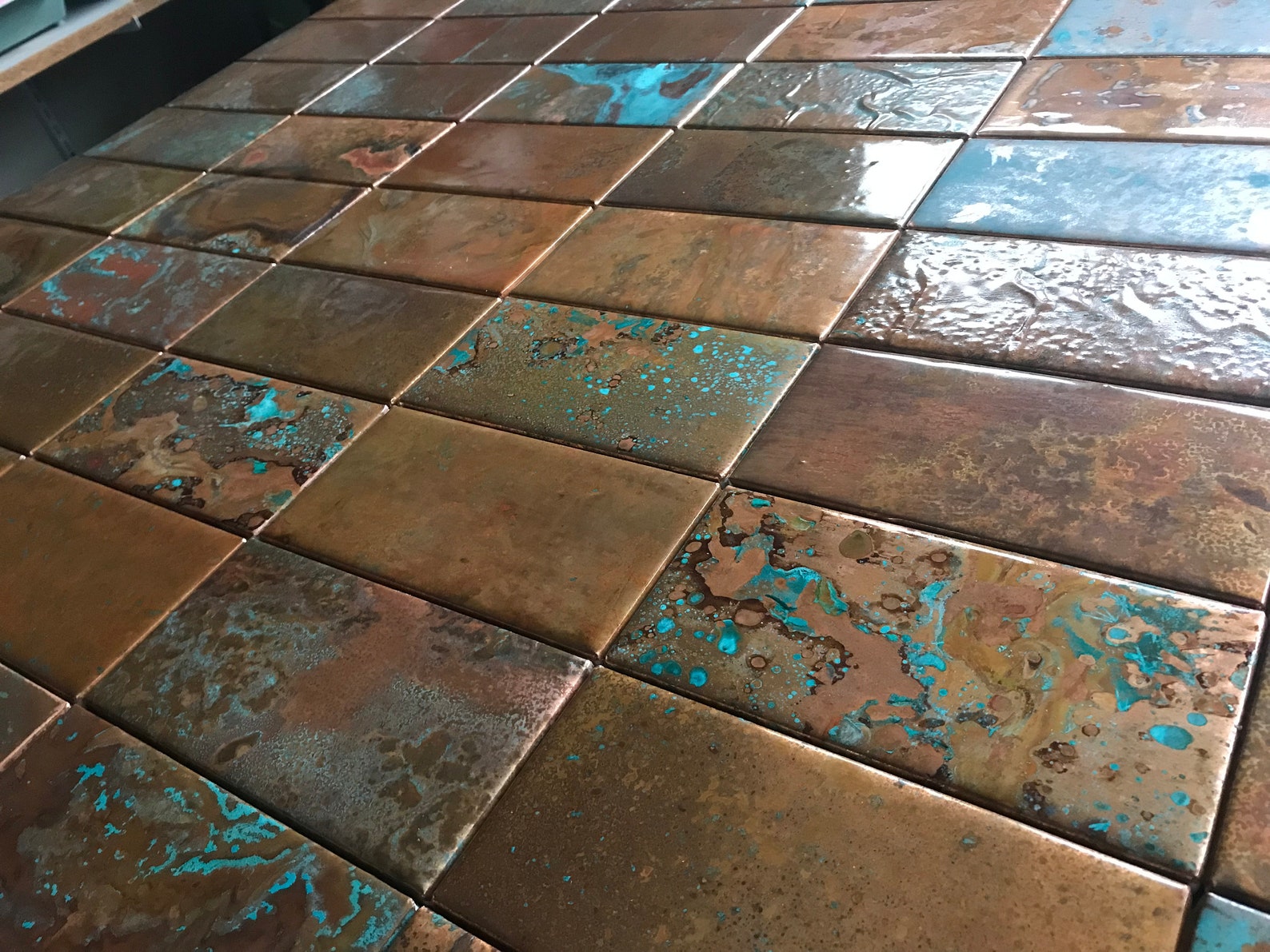 3”x6” Copper Subway Tile LIMITED EDITION Mix of Color & Texture W/ Aqua ...